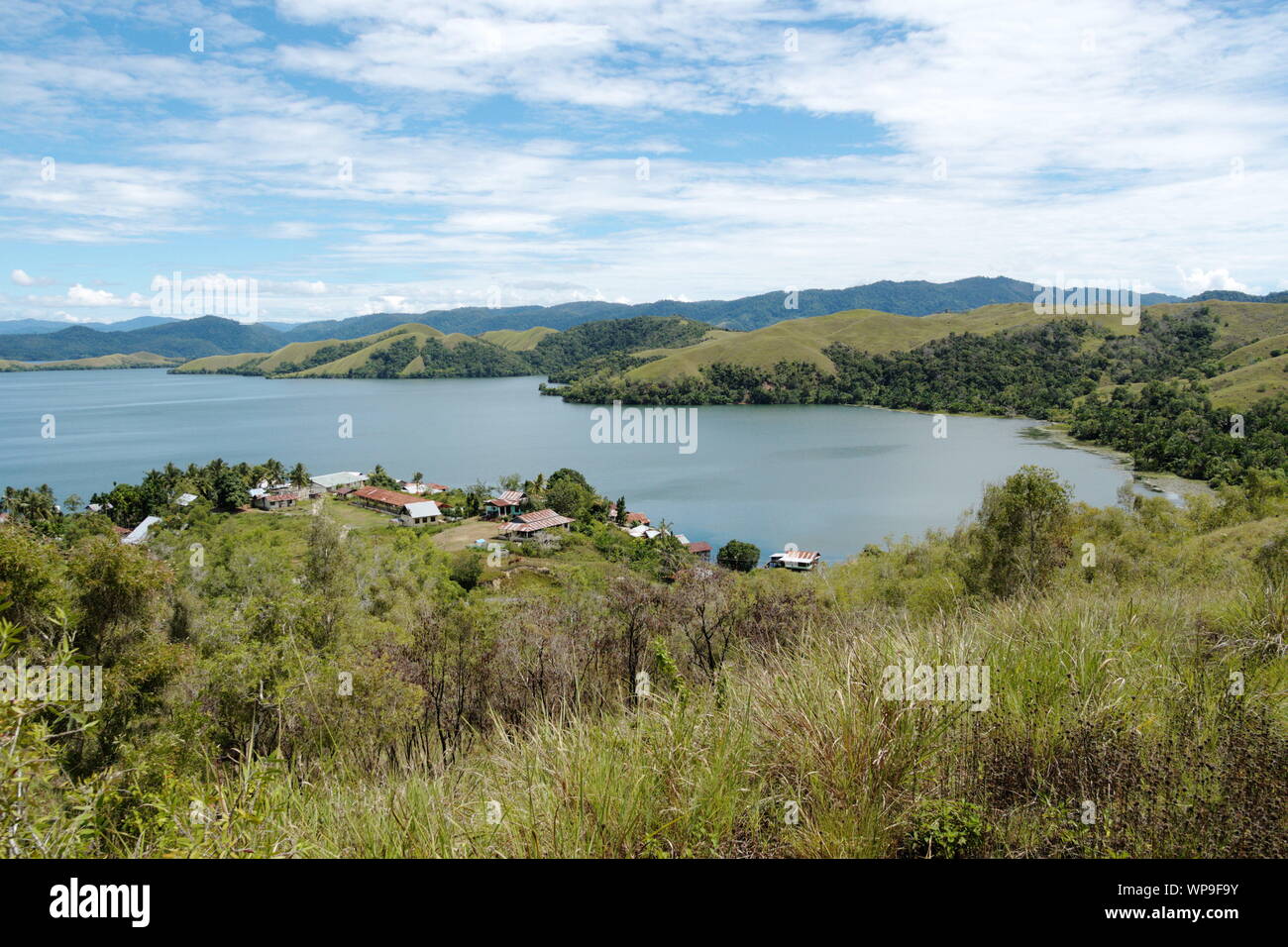 The village "Doyo Lama" photographed from a hill, Lake Sentani, West ...