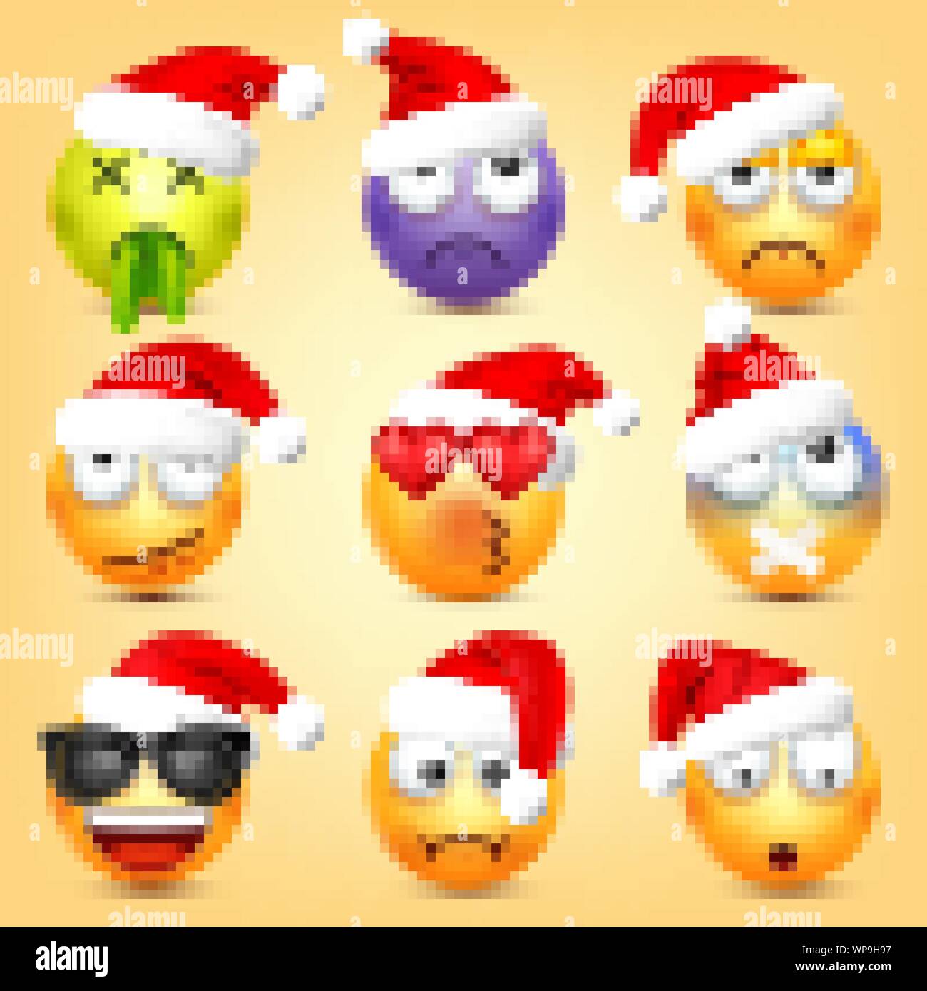 Emoticon vector set. Yellow face with emotions and Christmas hat. New ...