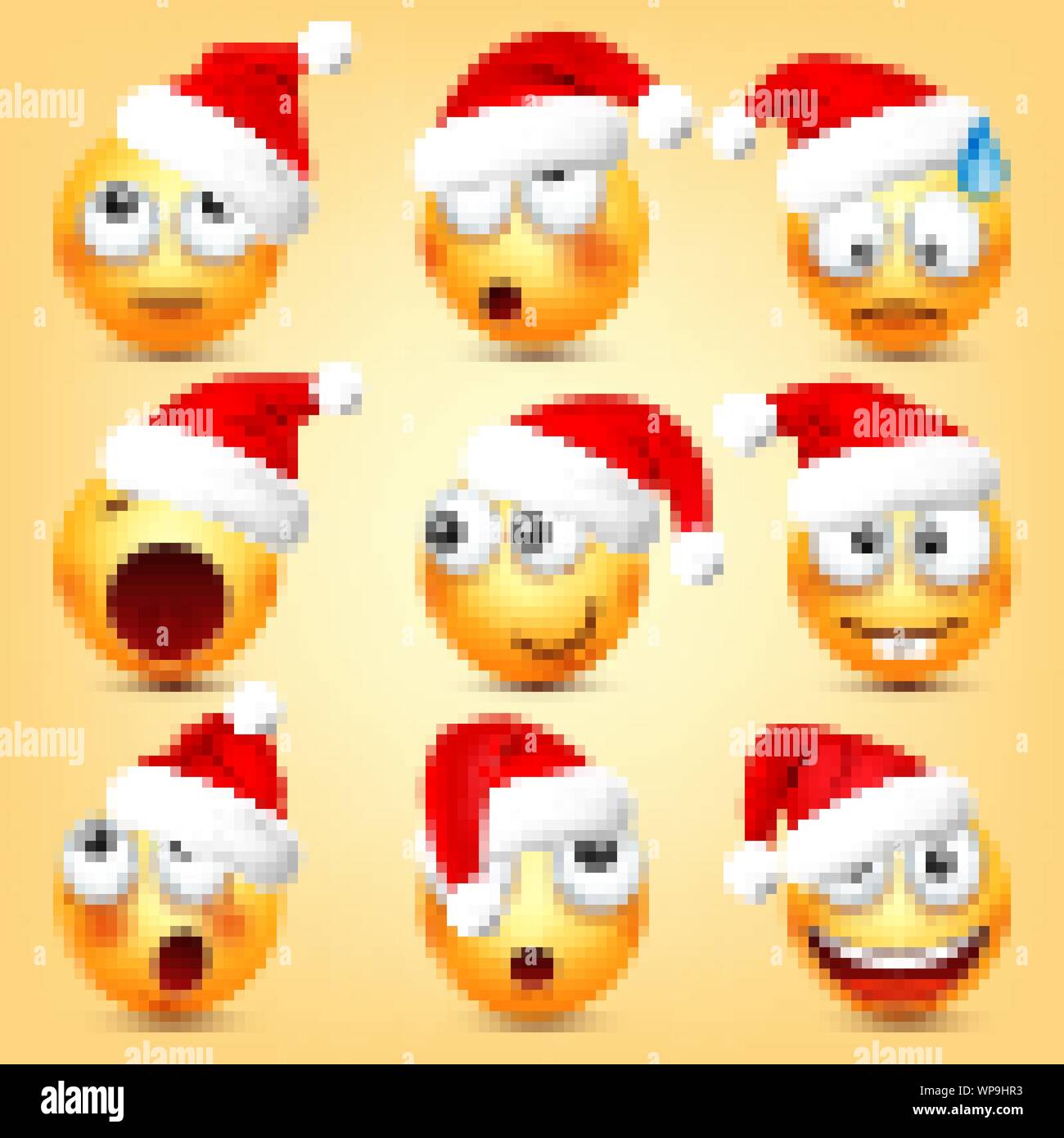 Emoticon vector set. Yellow face with emotions and Christmas hat. New ...