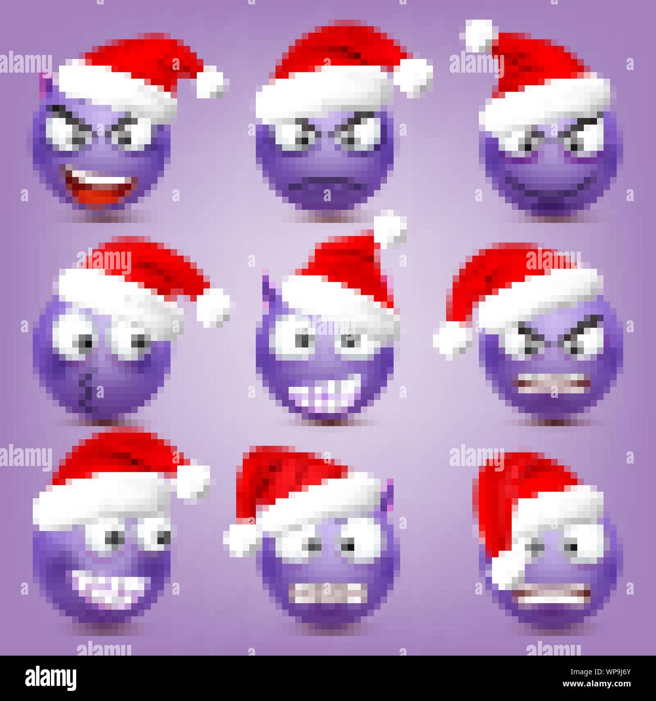 Emoticon vector set. Violet face with emotions and Christmas hat. New ...