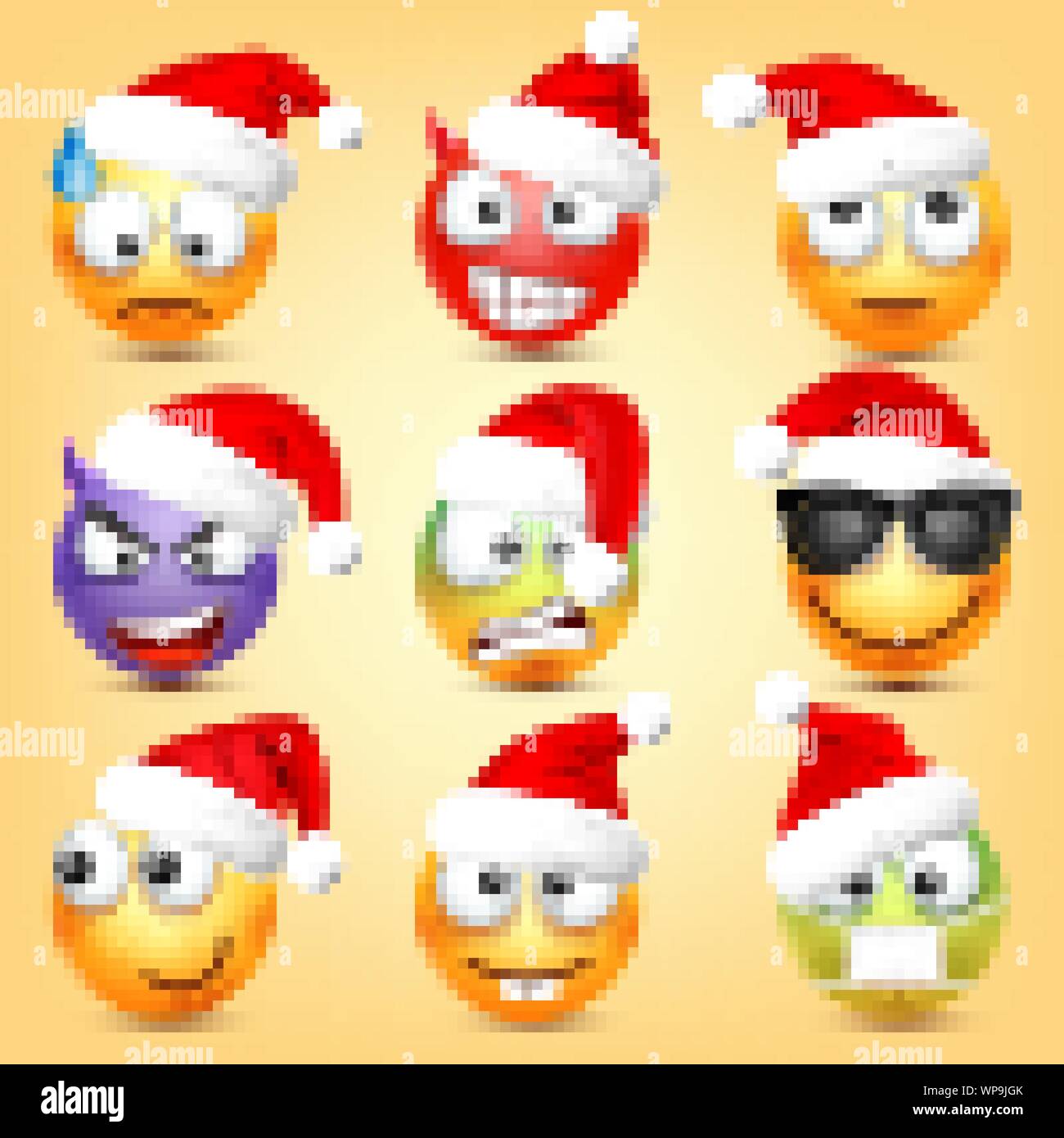 Emoticon vector set. Yellow face with emotions and Christmas hat. New ...