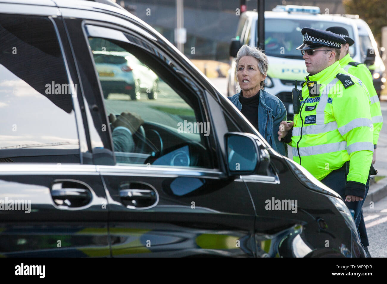 London, UK. 7 September, 2019. A Metropolitan Police officer pushed ...
