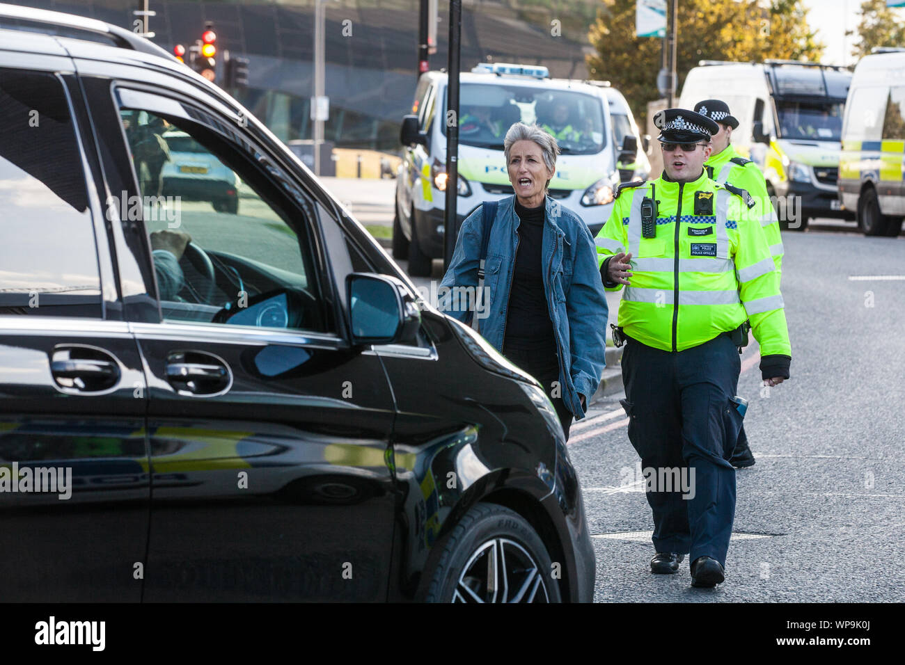 London, UK. 7 September, 2019. A Metropolitan Police officer approaches ...
