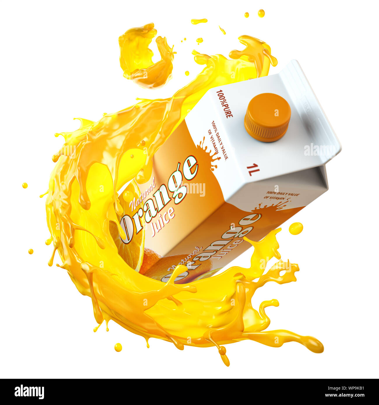 Orange juice carton cardboard box and splashon orange juice isolated on ...