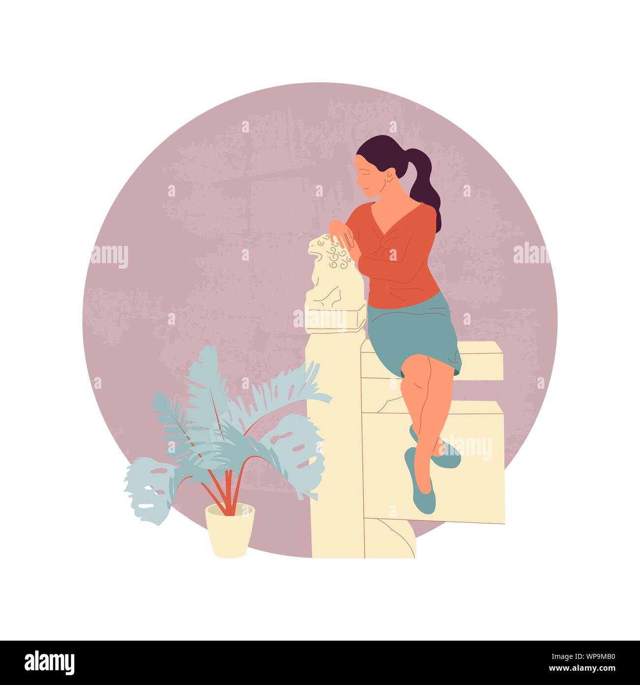 Female character in casual outfit sitting on chinese fence with lion ...