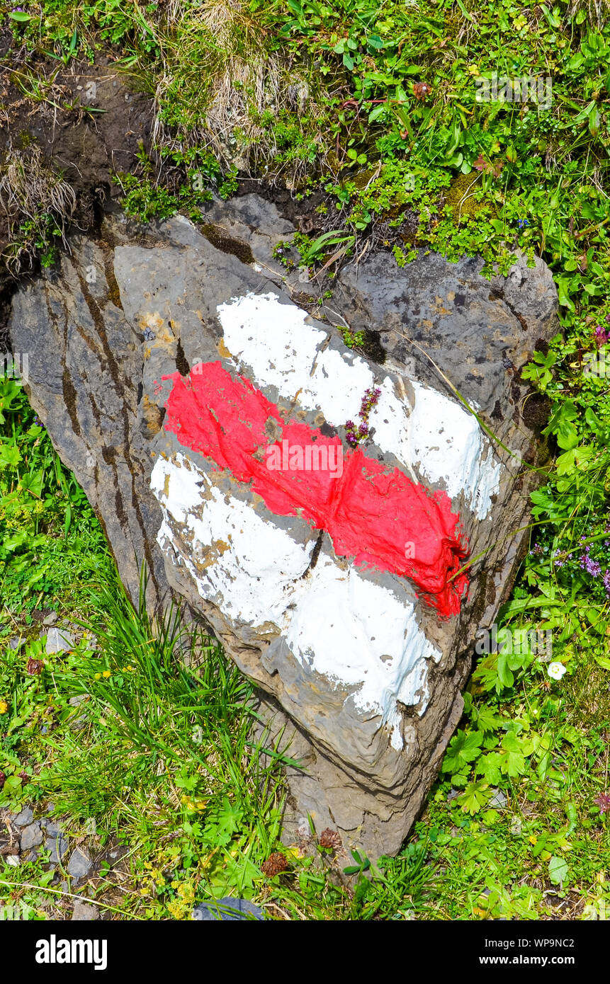 White red hiking trail mark painted on a rock in nature. The tourist ...