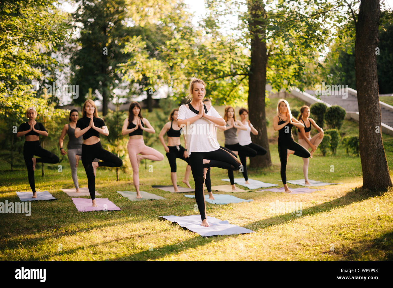 Group of young women are standing in namaste pose morning in park while ...