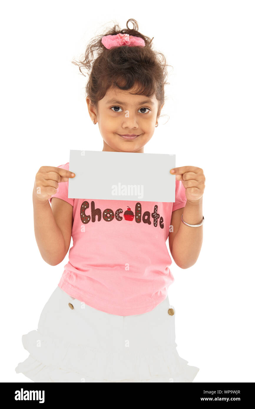 Girl showing a small blank placard Stock Photo - Alamy