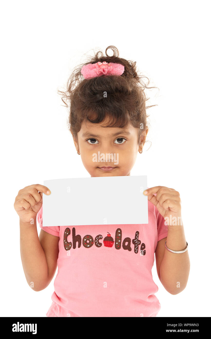 Girl showing a small blank placard Stock Photo - Alamy