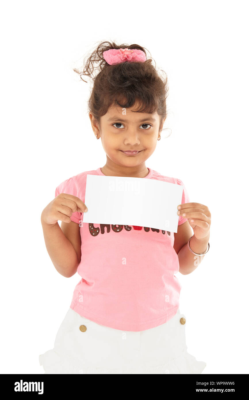 Girl showing a small blank placard Stock Photo - Alamy