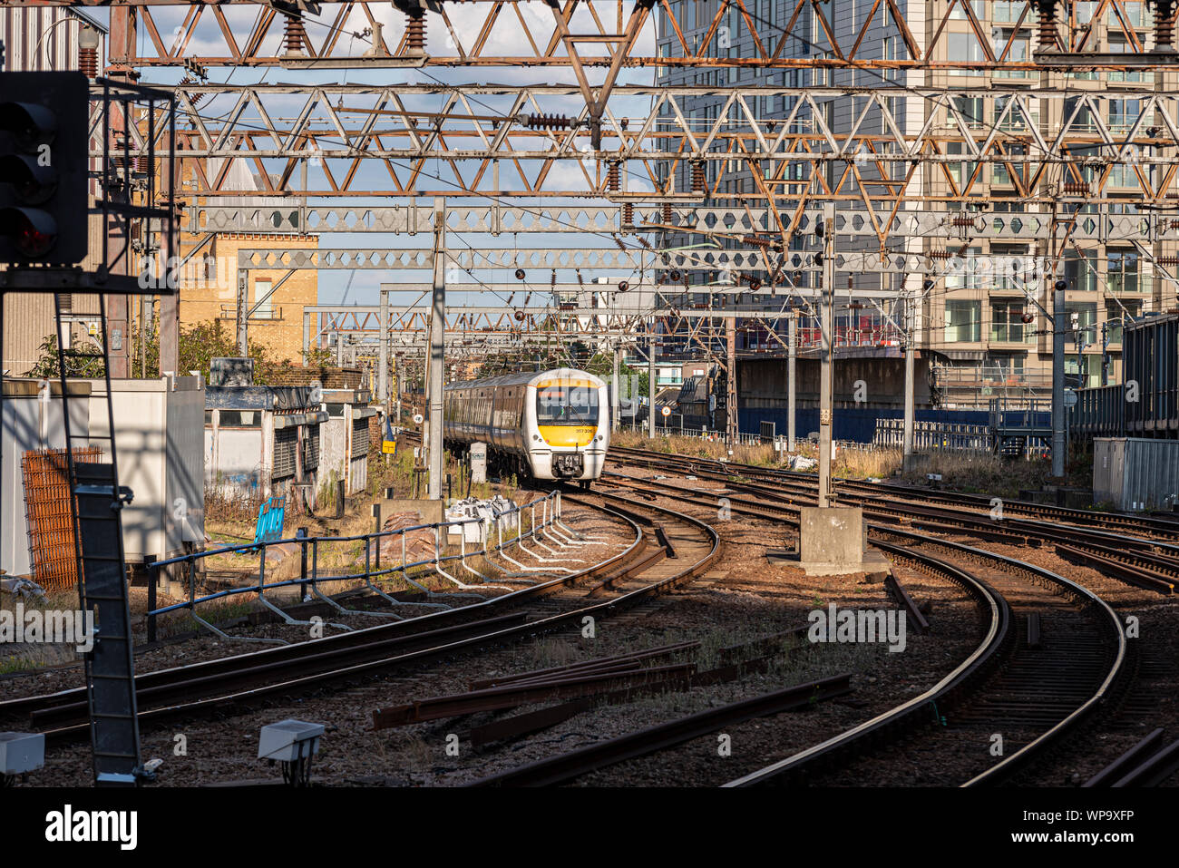 C2C Train under lattice work of multiple gantries near Fenchurch Street ...