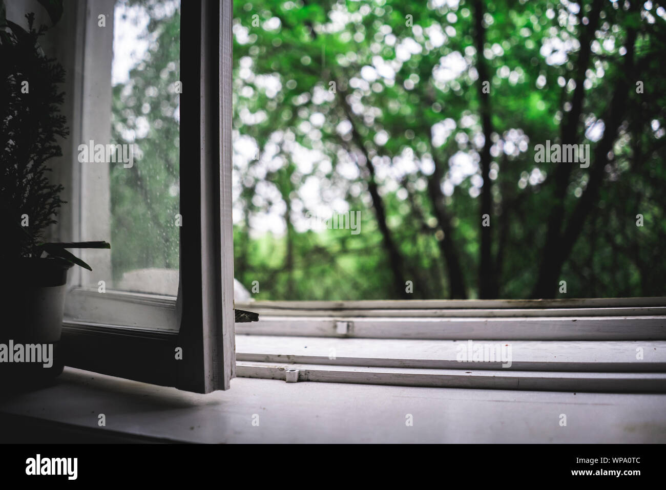 nostalgic concept, opened window in cozy walm home while it rains ...
