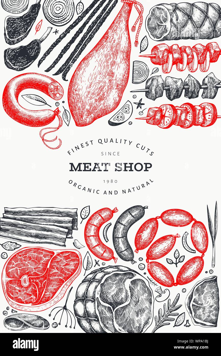 Retro vector meat products design template. Hand drawn ham, sausages ...