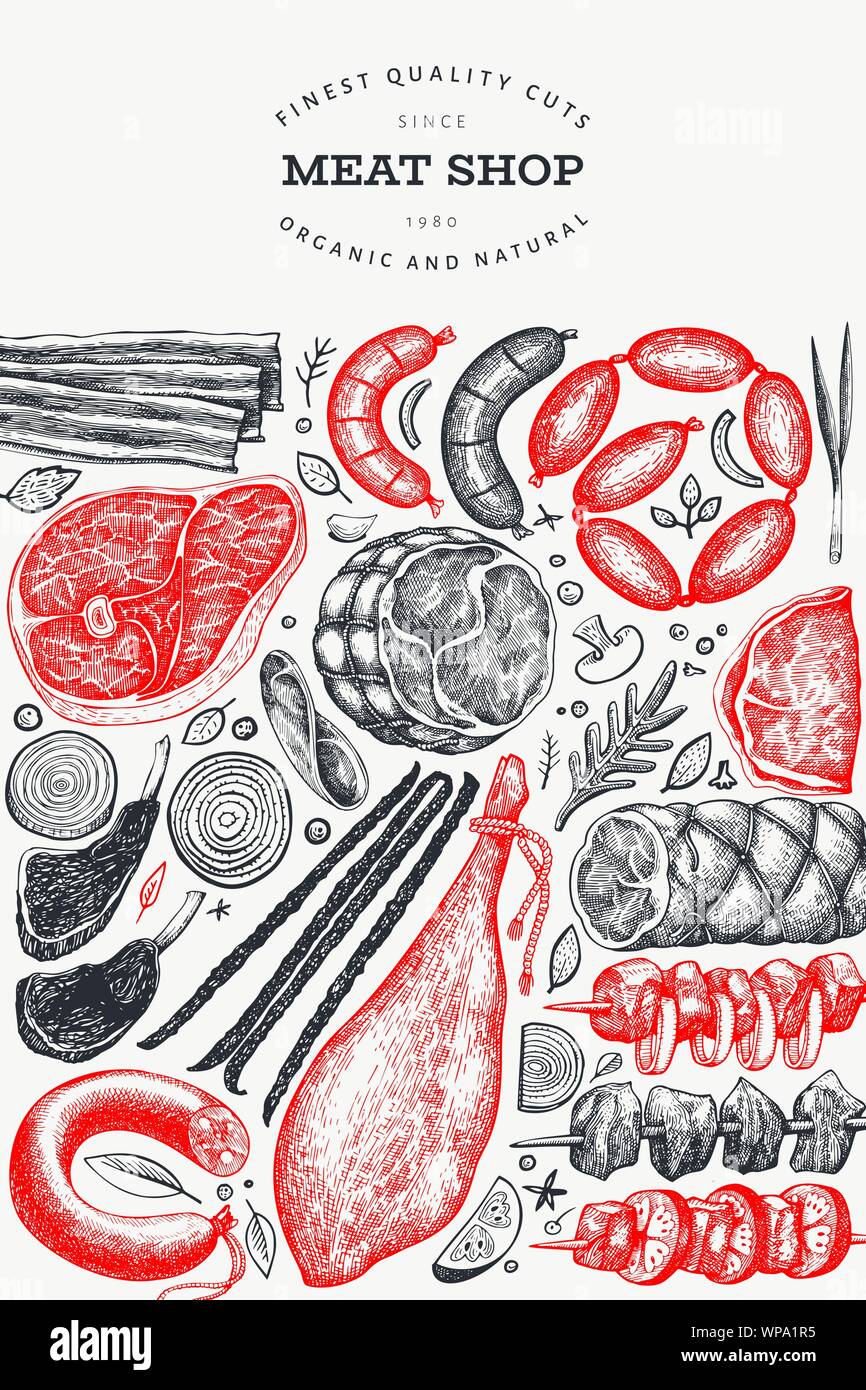 Retro vector meat products design template. Hand drawn ham, sausages ...