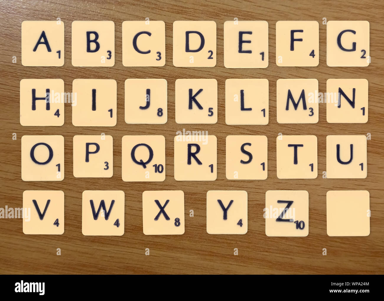 Digitally created image of a full alphabet of scrabble tiles on a ...