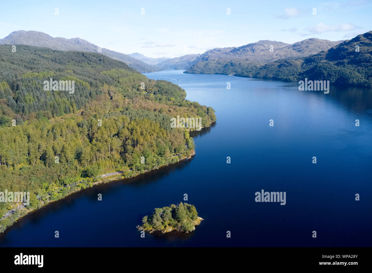 Loch Lomond aerial birdseye view from above showing islands in the ...