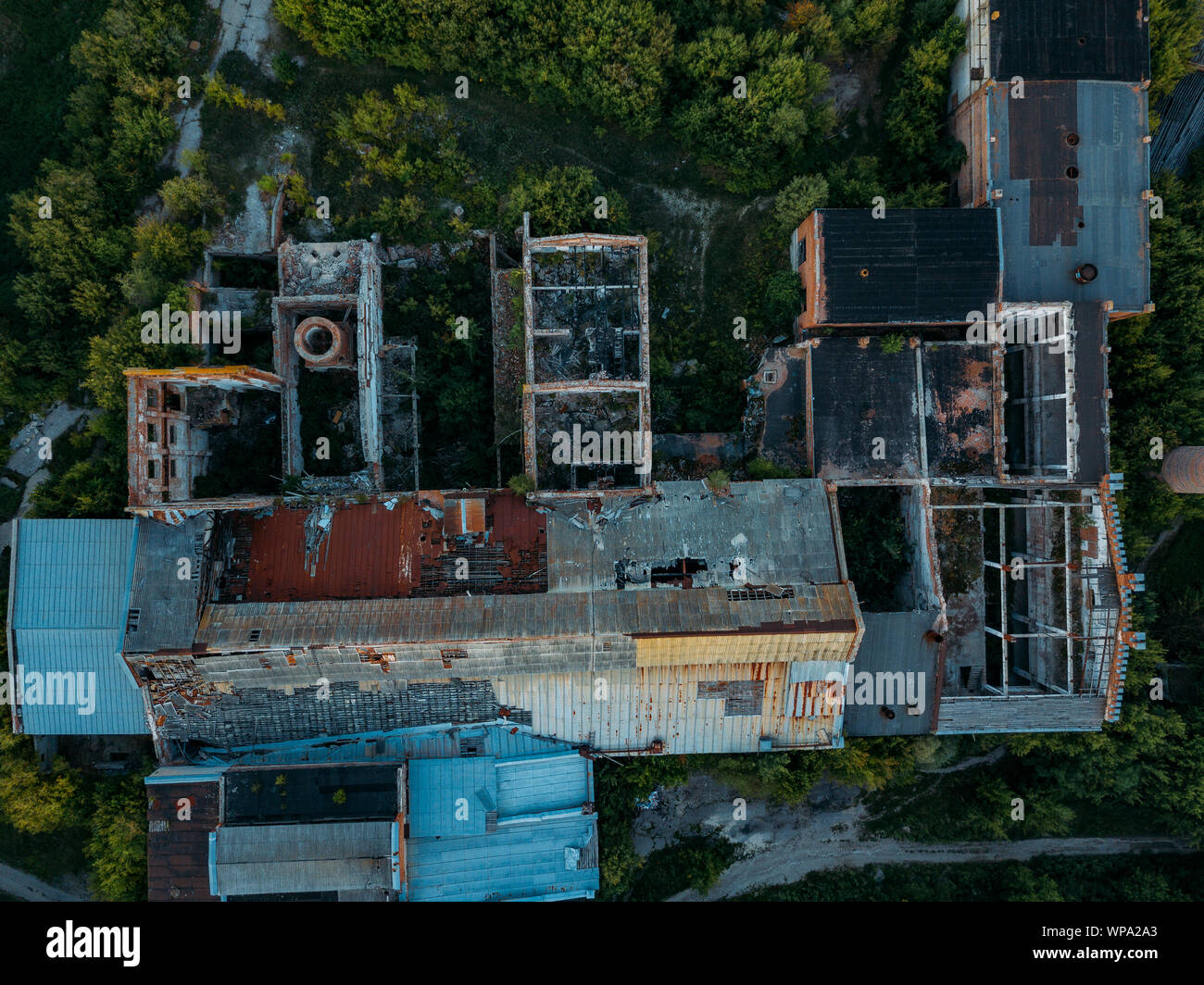Ruined overgrown abandoned sugar factory in Ramon, aerial view Stock ...