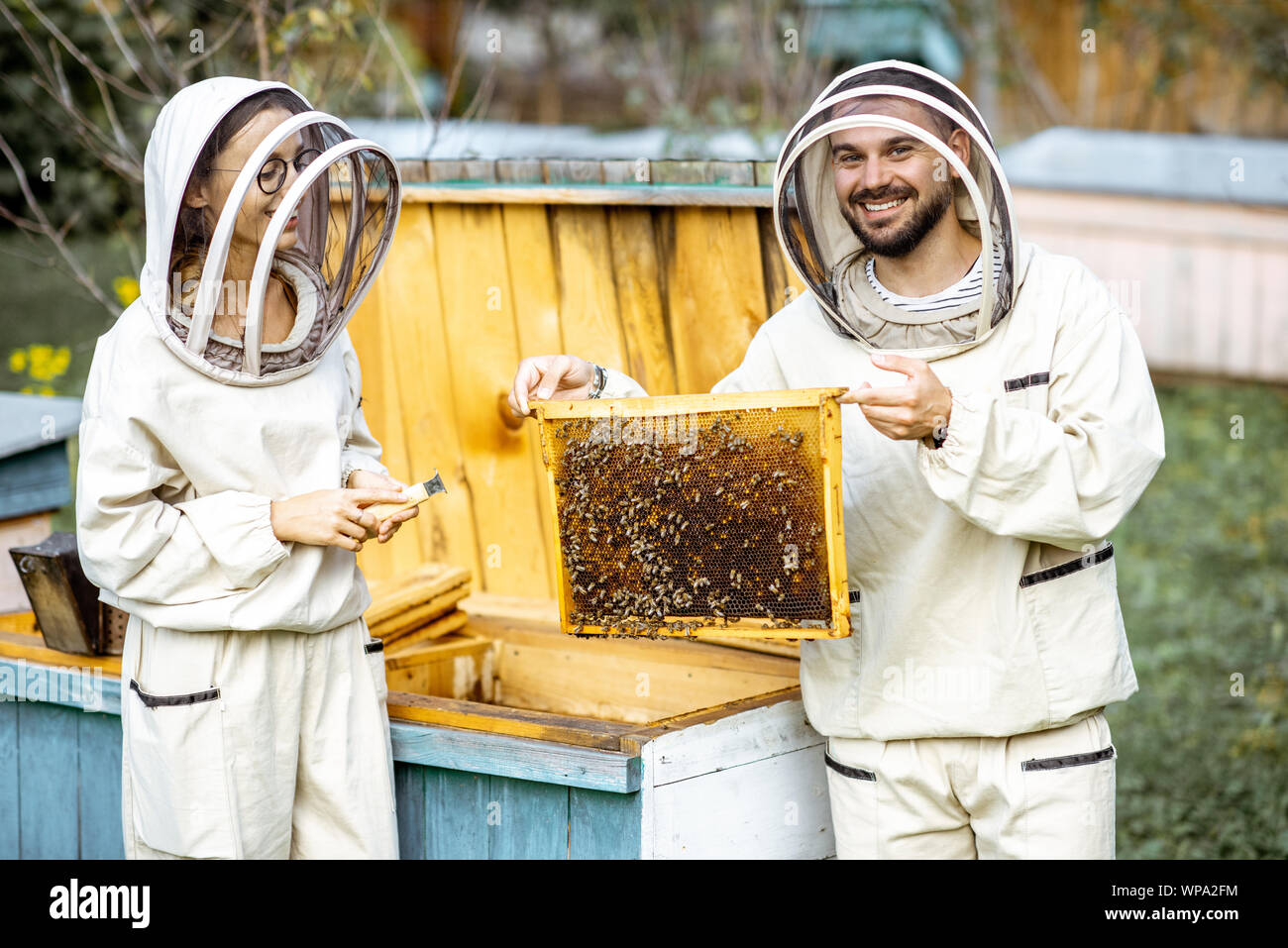 Two young beekepers in protective uniform working on a small apiary ...