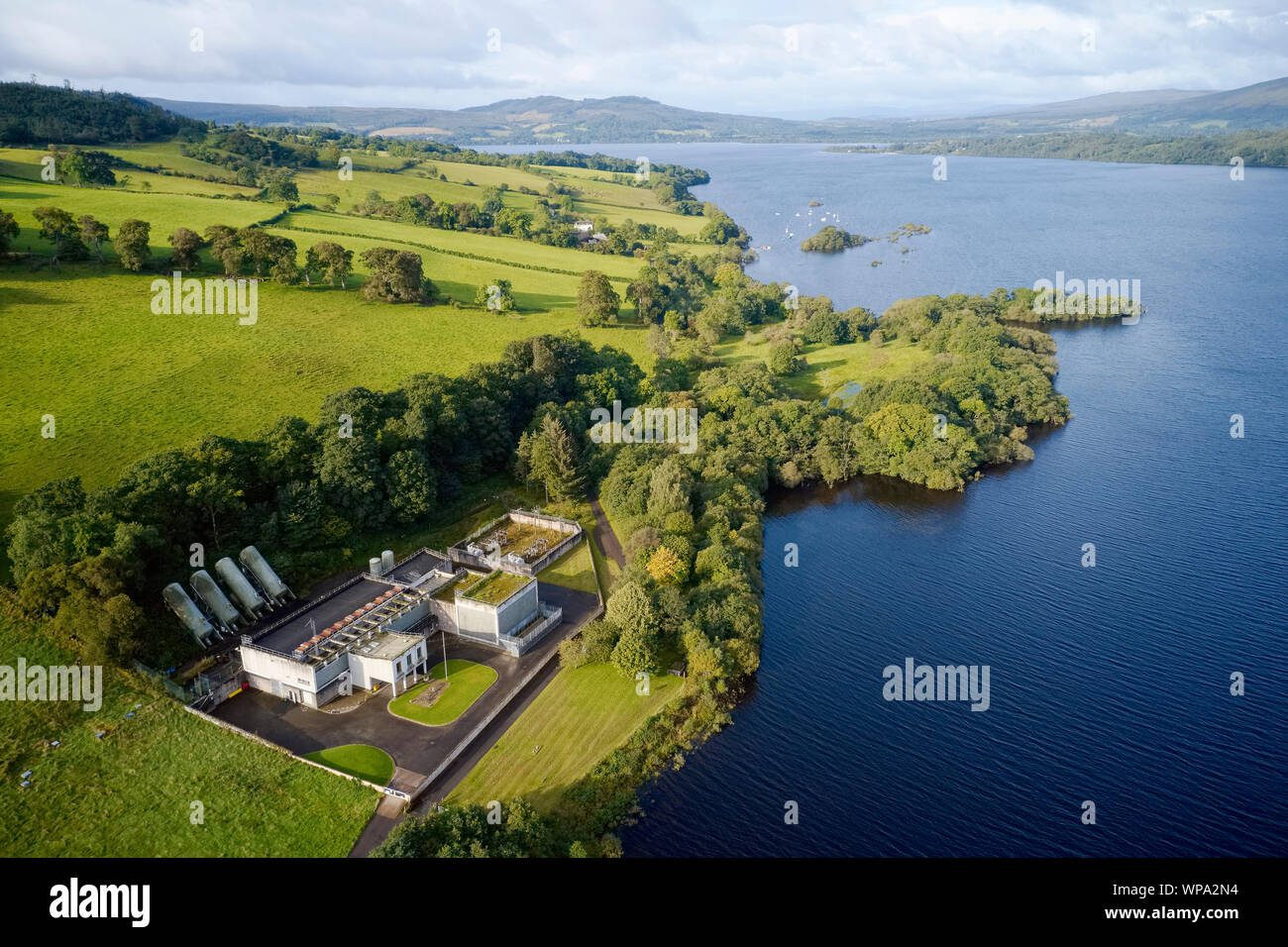 Sewage water works treatment plant aerial view from above at Loch ...