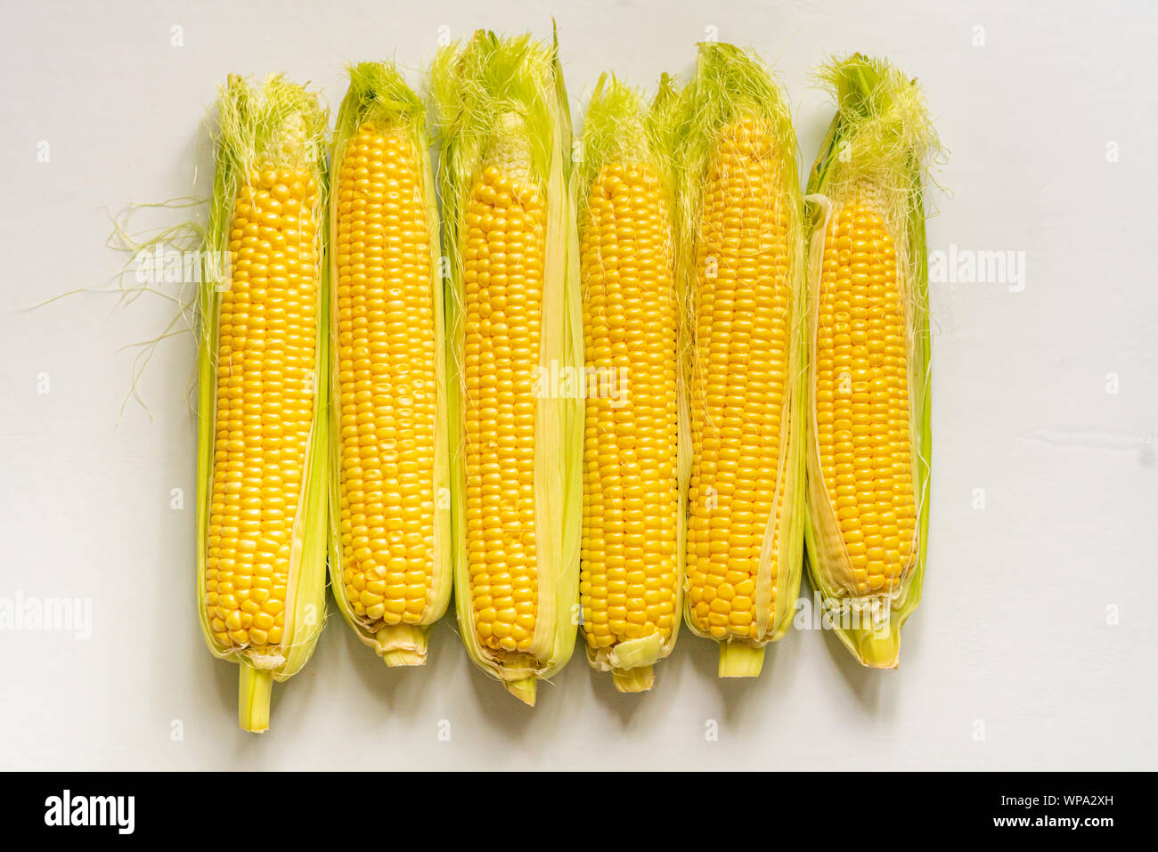top view set of raw fresh corns with skin on color surfaces Stock Photo ...