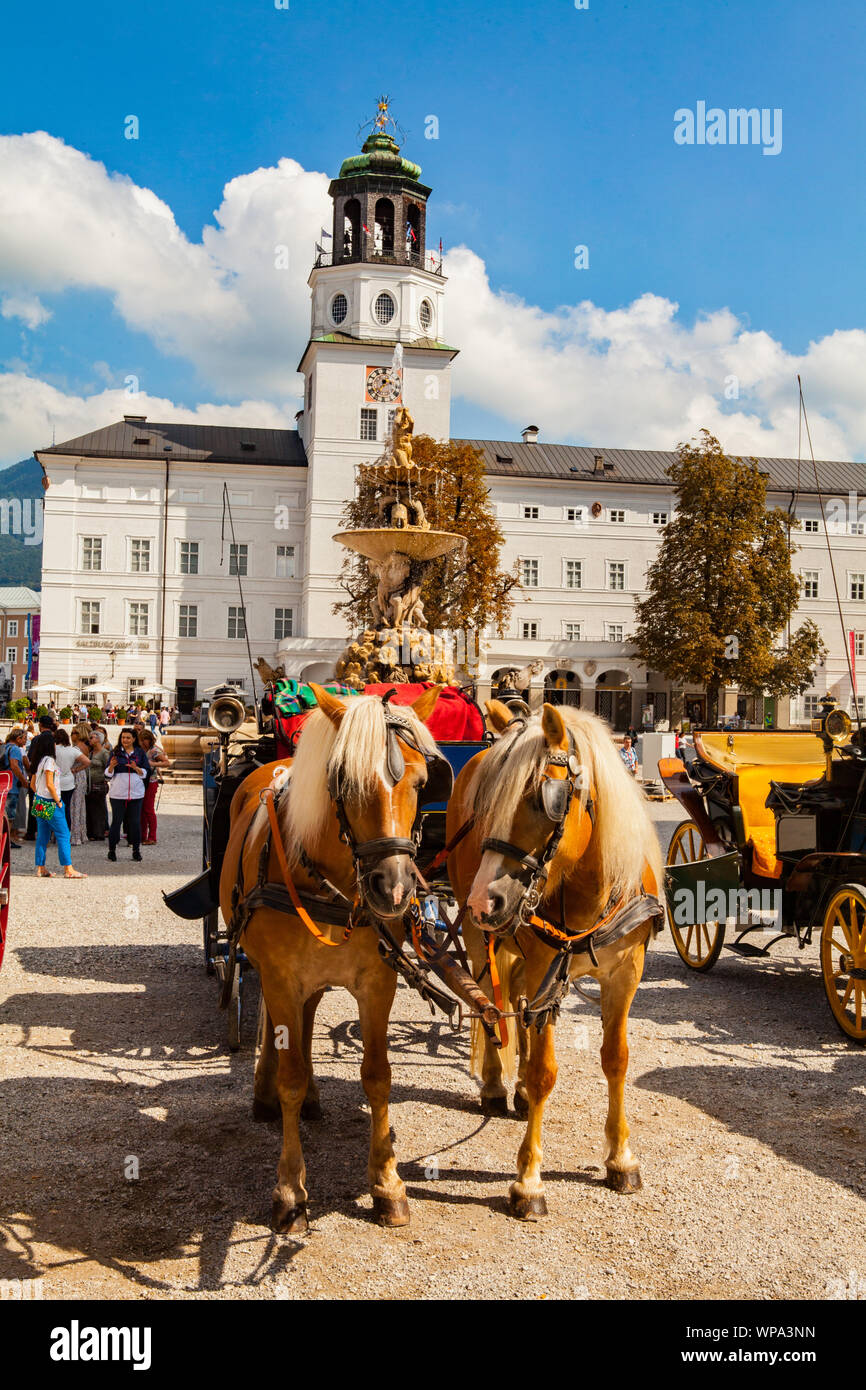 Salzburg, Austria - September 8, 2018: The horse drawn carriages in old ...