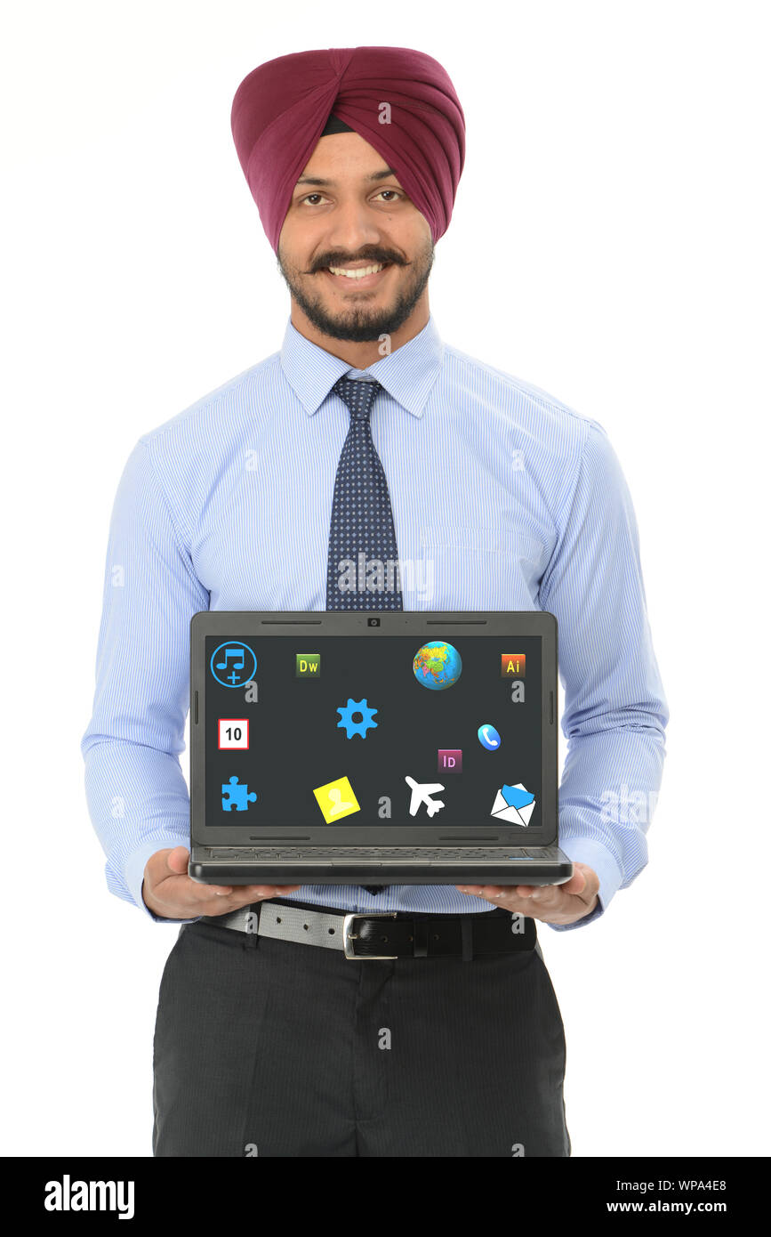 Salesman showing a laptop Stock Photo - Alamy