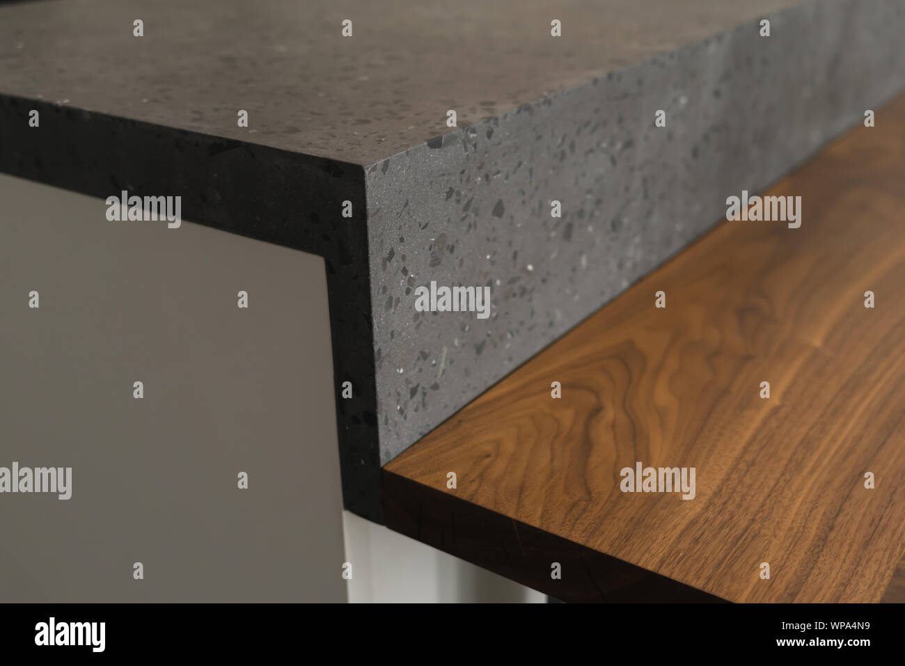 Closeup detail shot of gray terrazzo kitchen countertop with black ...