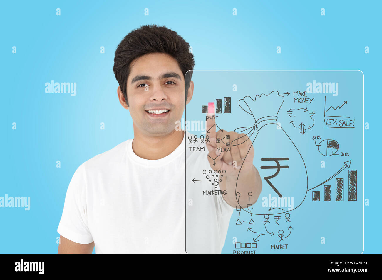 Young man showing future plan on a touch screen Stock Photo - Alamy