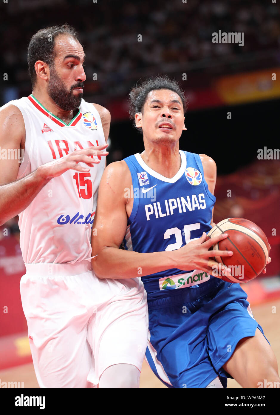 Beijing, China. 8th Sep, 2019. Japeth Aguilar (R) of the Philippines ...