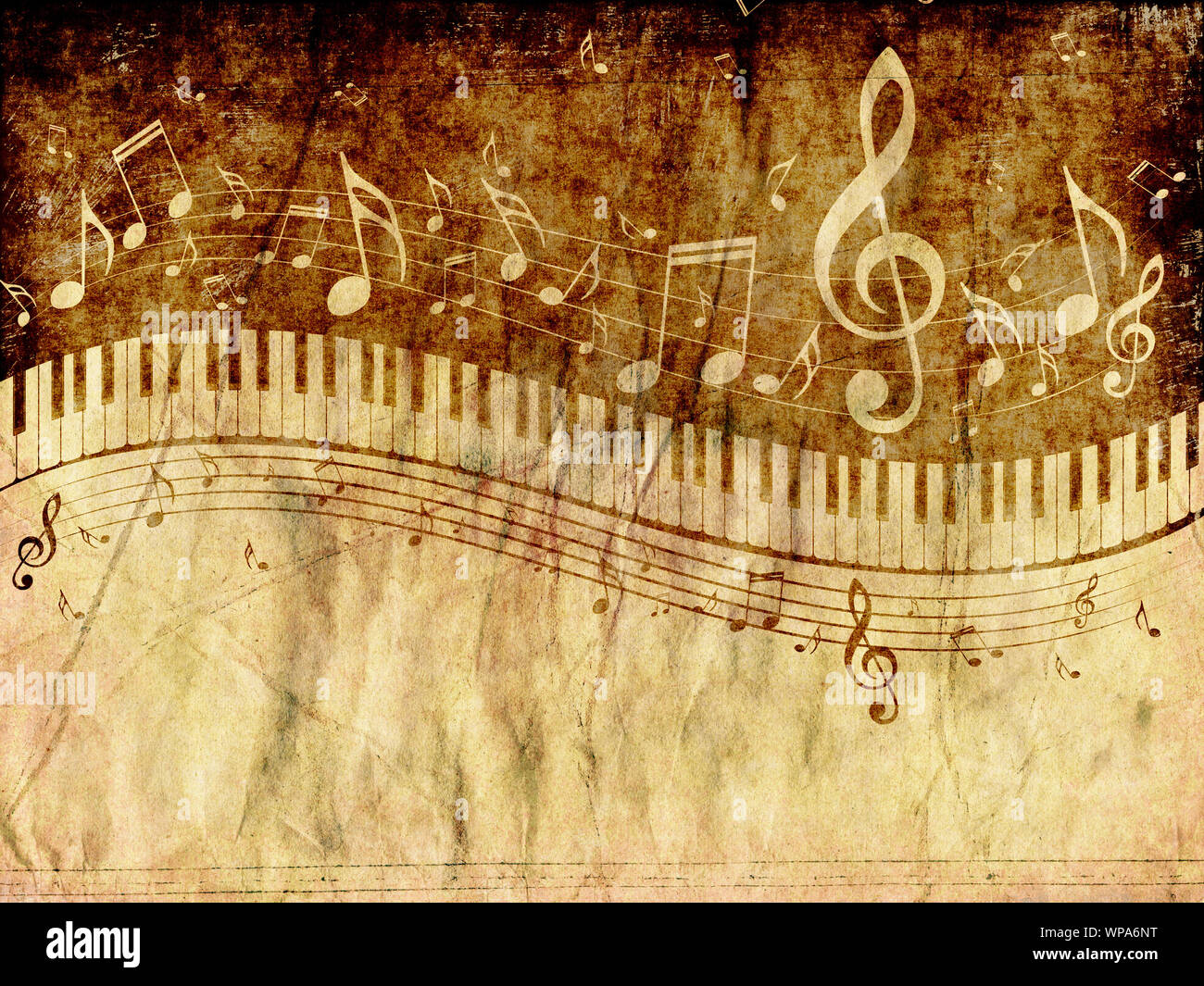 Abstract illustration of a piano keys with musical notes grunge ...