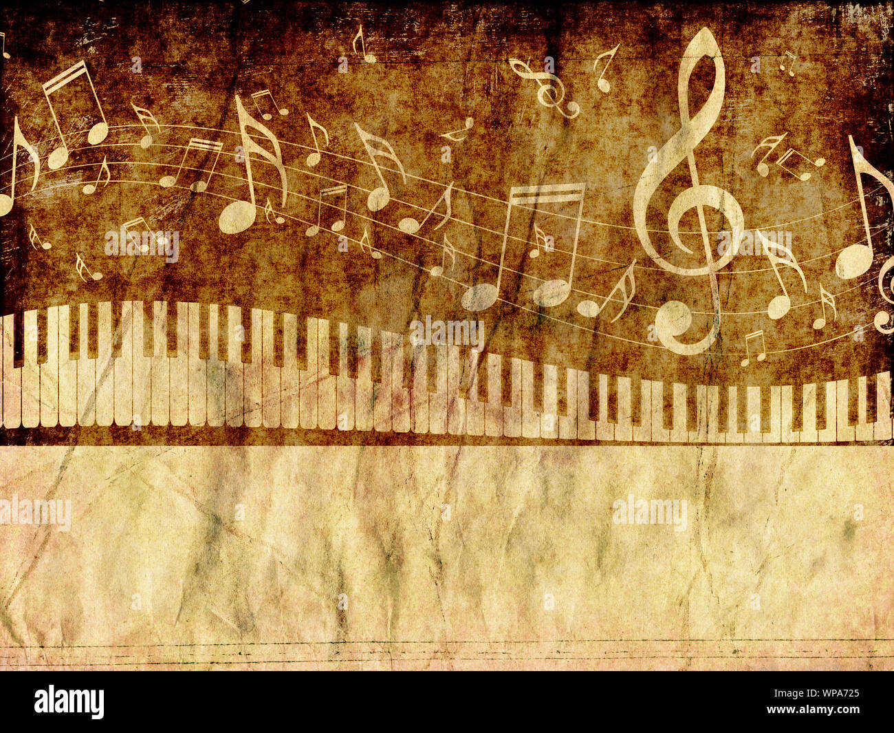 Abstract illustration of a piano keys with musical notes grunge ...