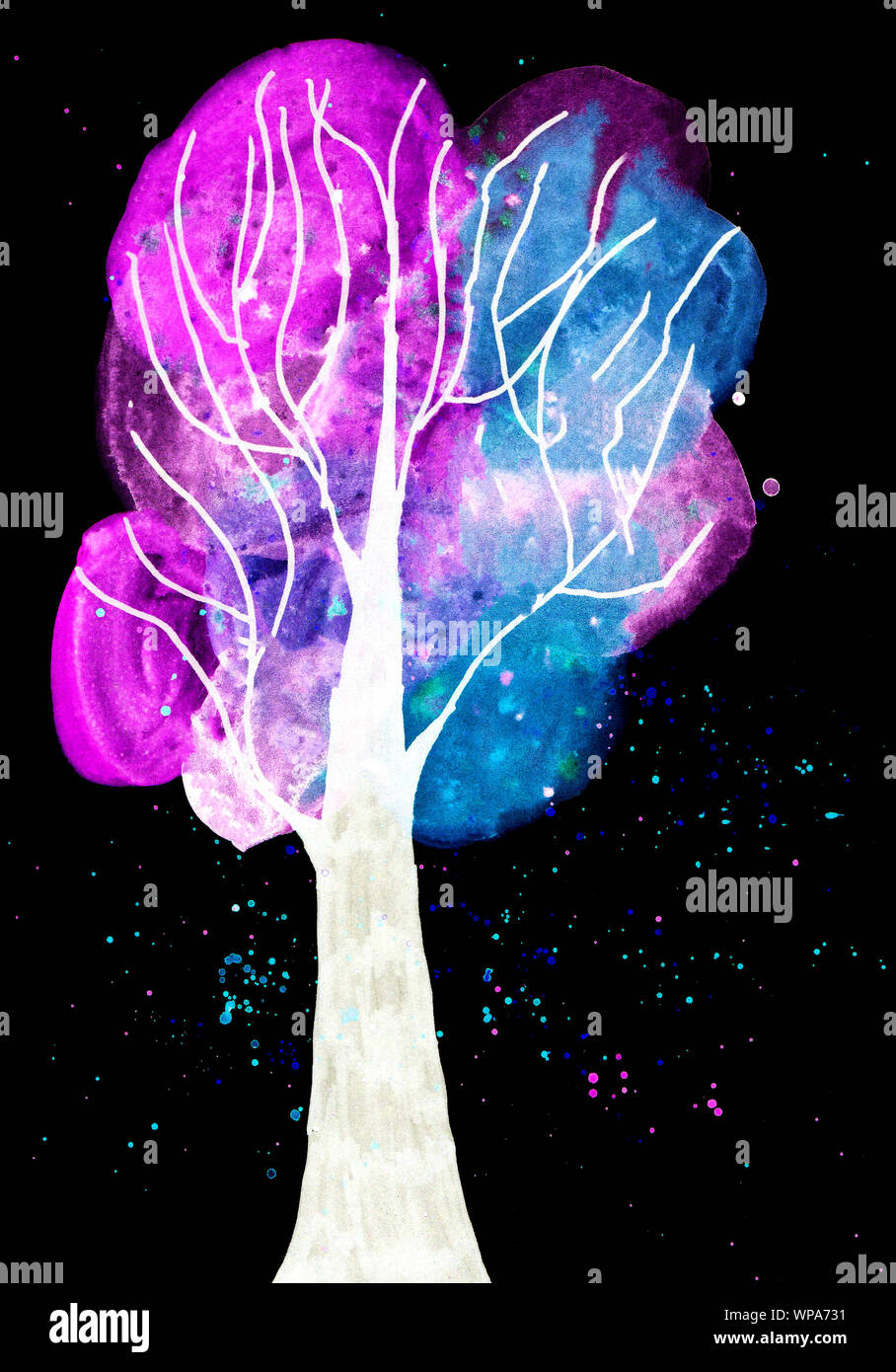 a tree with a white trunk and pink blue foliage on a black background ...