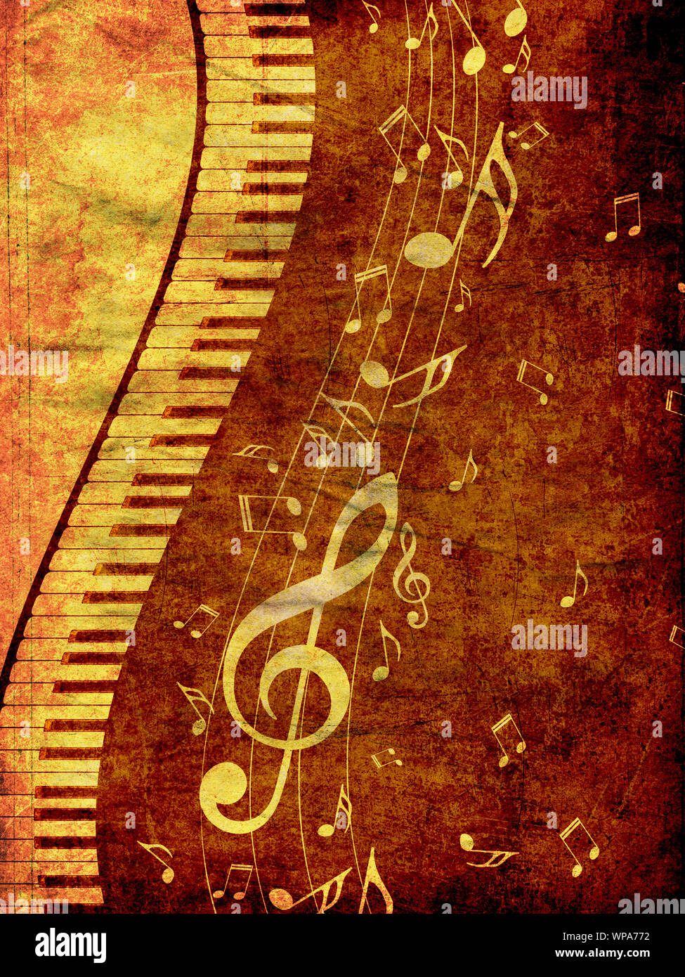 Abstract illustration of a piano keys with musical notes grunge ...