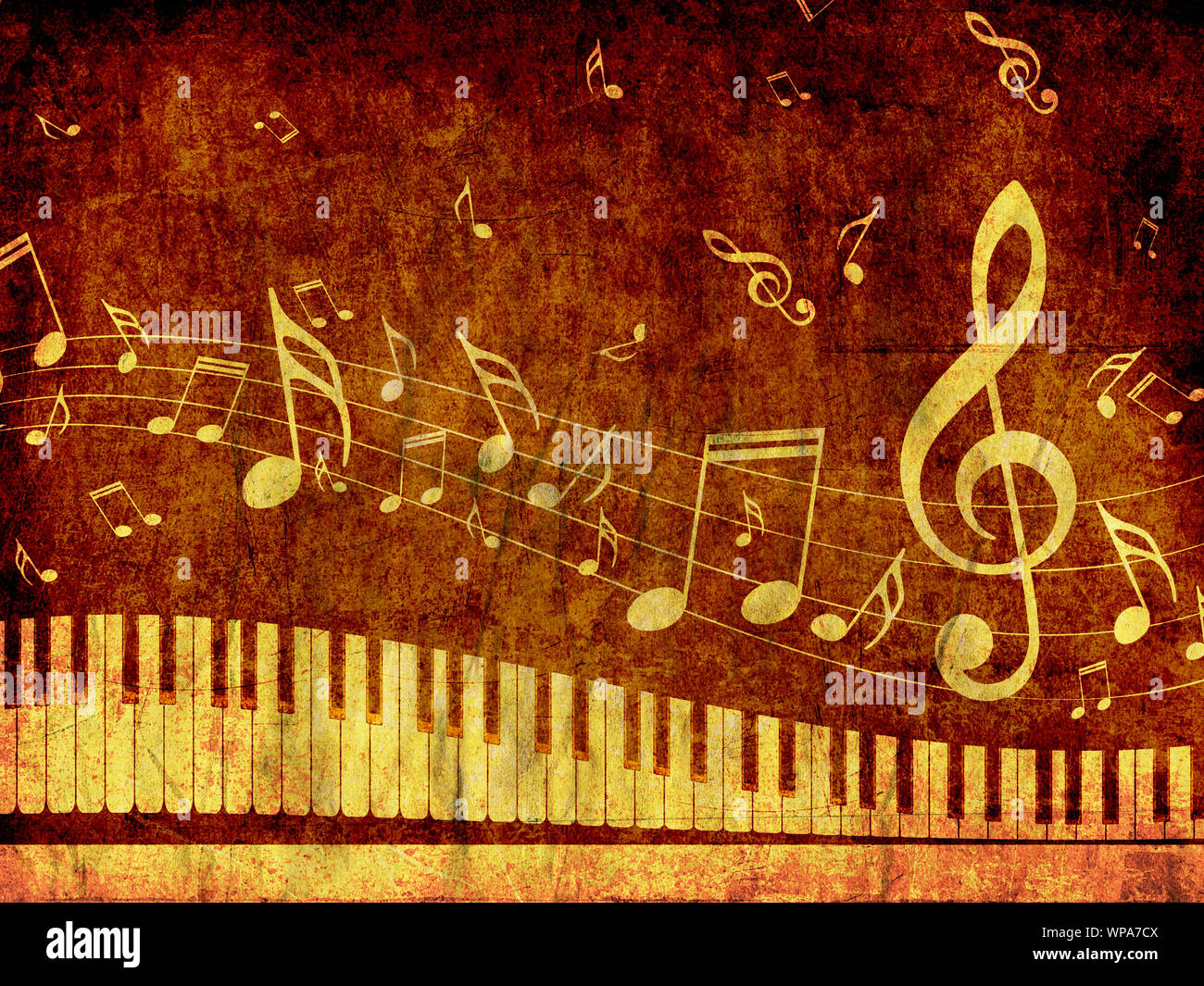 Abstract illustration of a piano keys with musical notes grunge ...