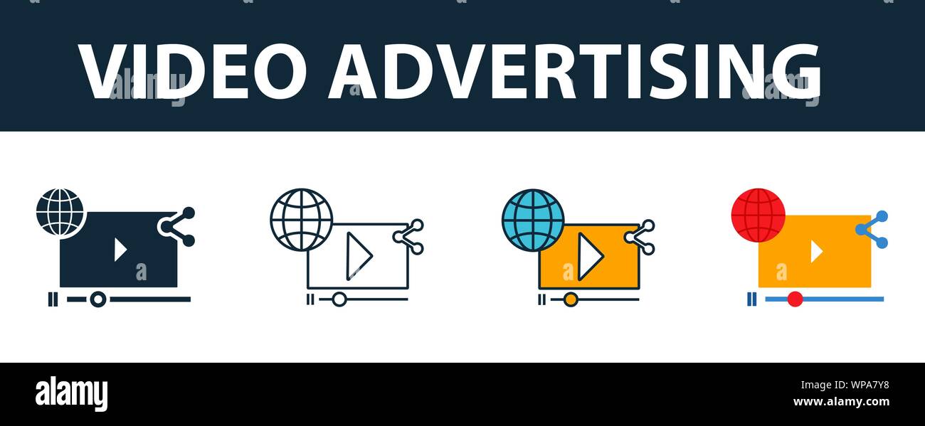 Video Advertising icon set. Four elements in diferent styles from ...