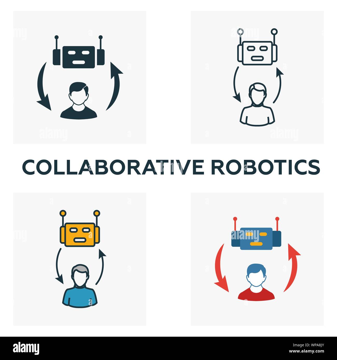 Collaborative Robotics icon set. Four elements in diferent styles from industry 4.0 icons ...