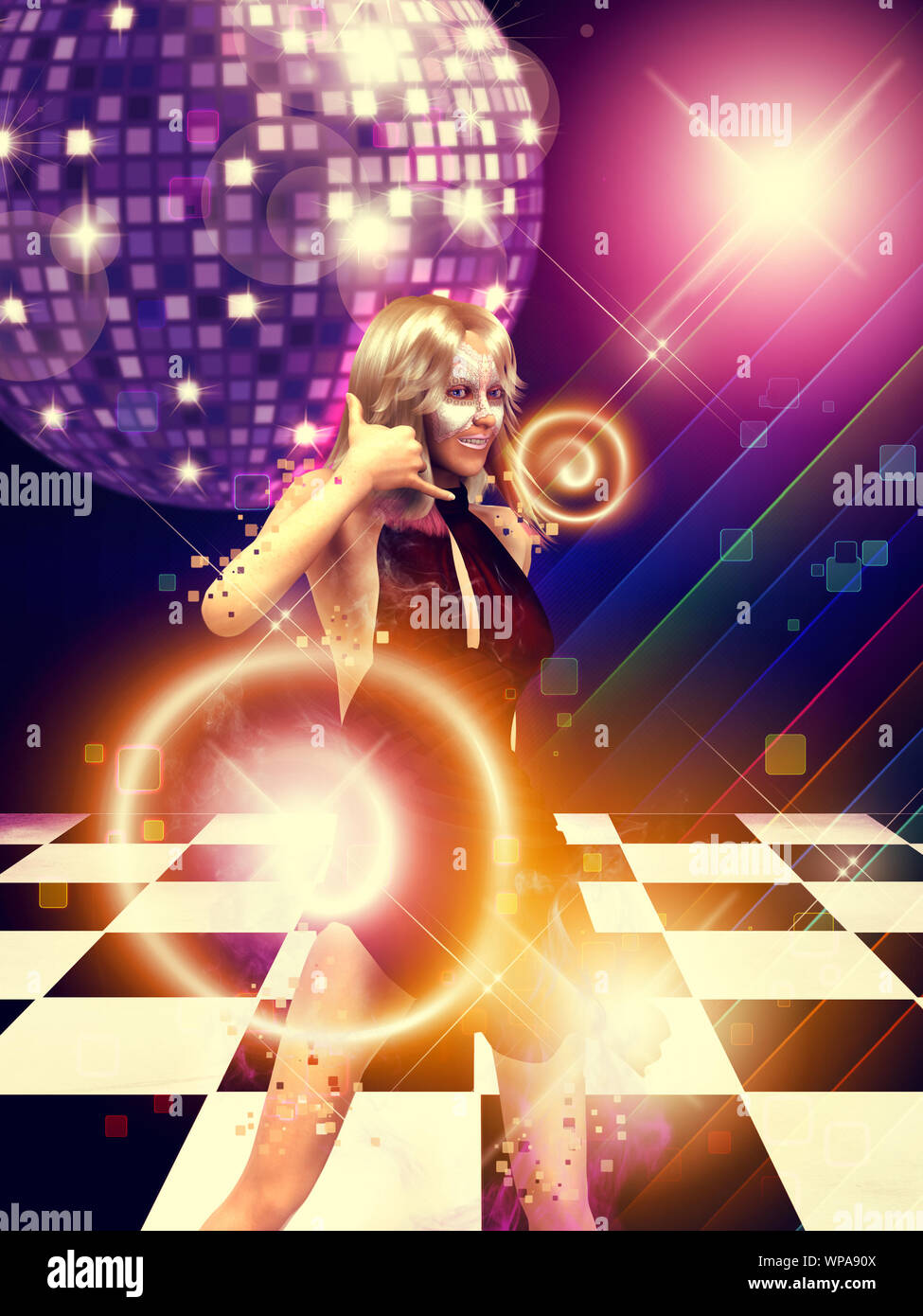 Illustration of 3d blonde girl on dance floor with disco ball ...