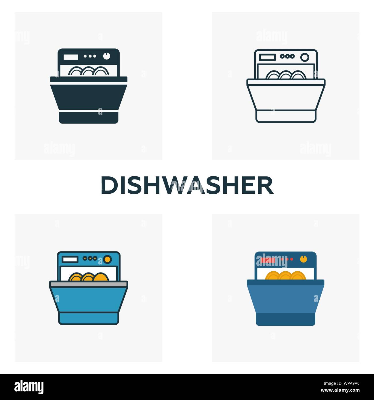 Dishwasher icon set. Four elements in diferent styles from household ...