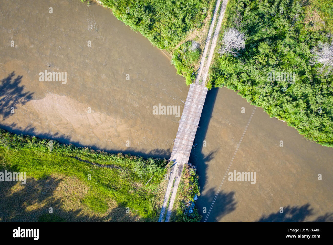 Aerial view of a ranch bridge over the Middle Loup River in Nebraska ...