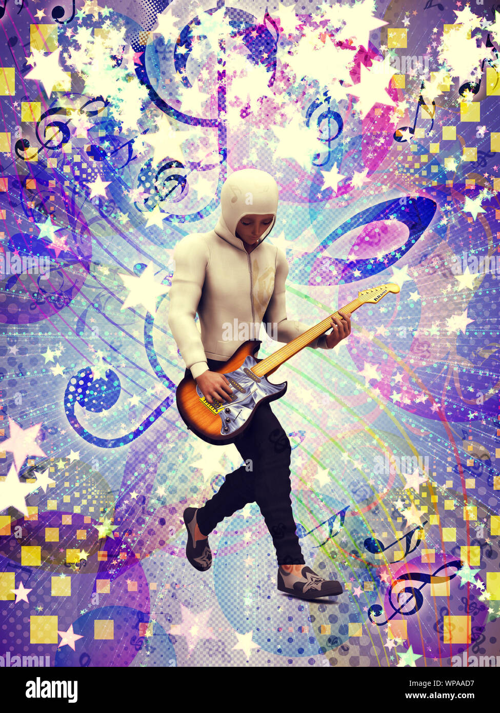 Illustration of funky guitarist colorful music background Stock Photo ...