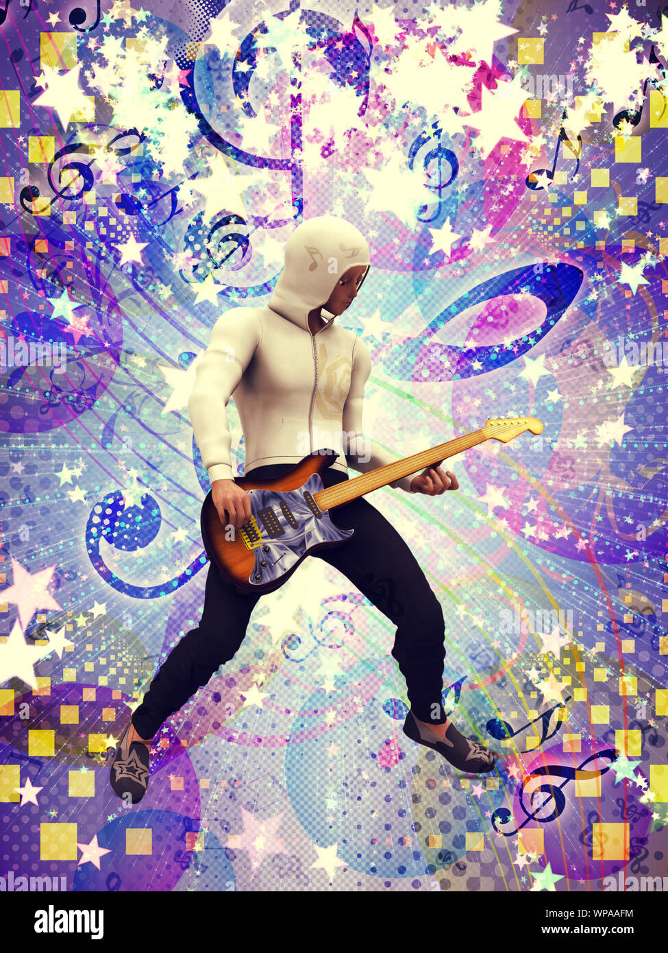 Illustration of funky guitarist colorful music background Stock Photo ...