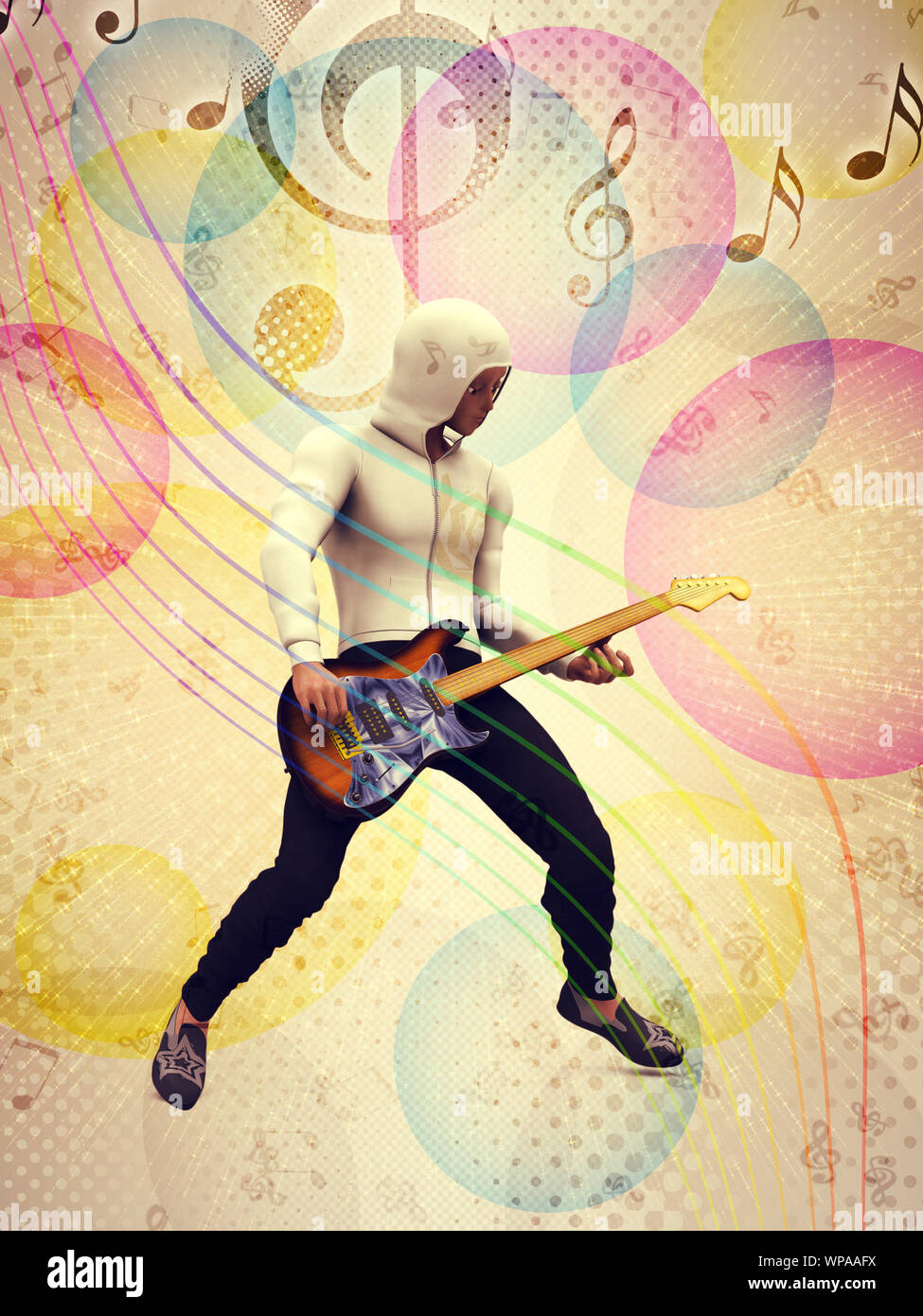 Illustration of funky guitarist colorful music background Stock Photo ...