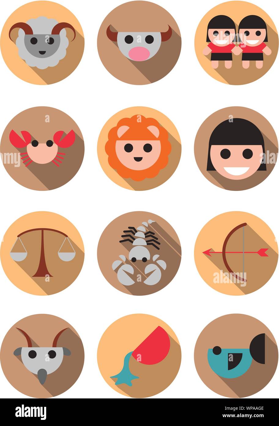 cute flat circle color zodiac icon symbols in flat design,vector ...