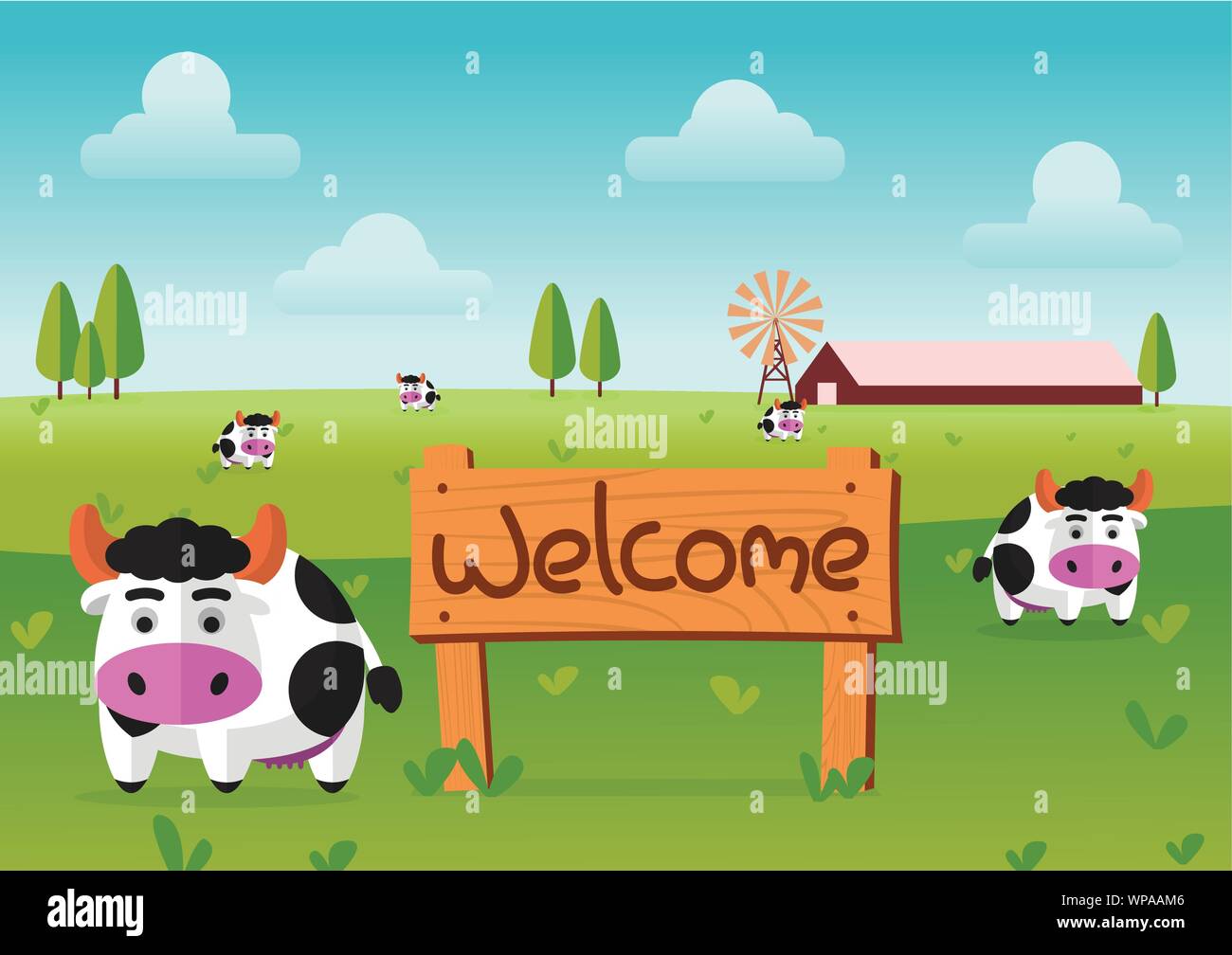 color flat farm of cows stand in green field with welcome wooden board ...