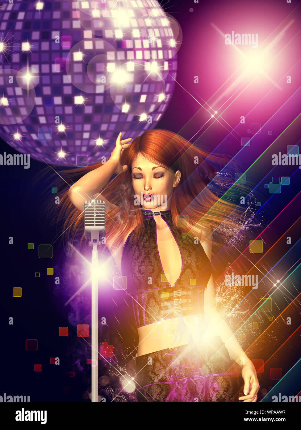 Illustration of a dancing girl with retro microphone and disco ball ...