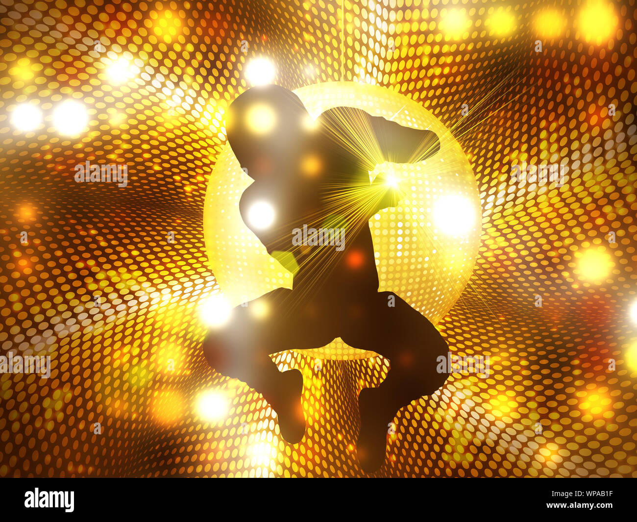 Jumping, dancing male silhouette on abstract shining background with ...