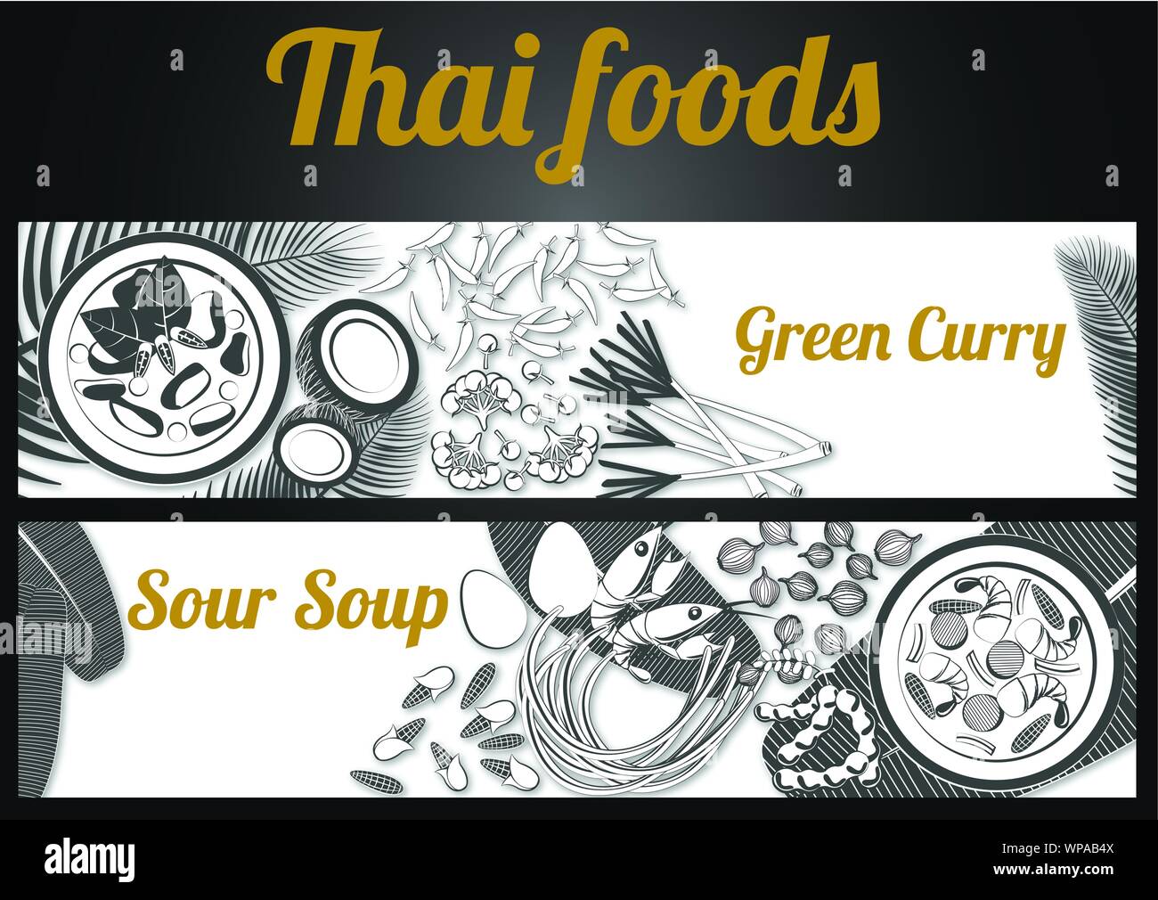 two gray scale black and white Thai delicious and famous food banner ...
