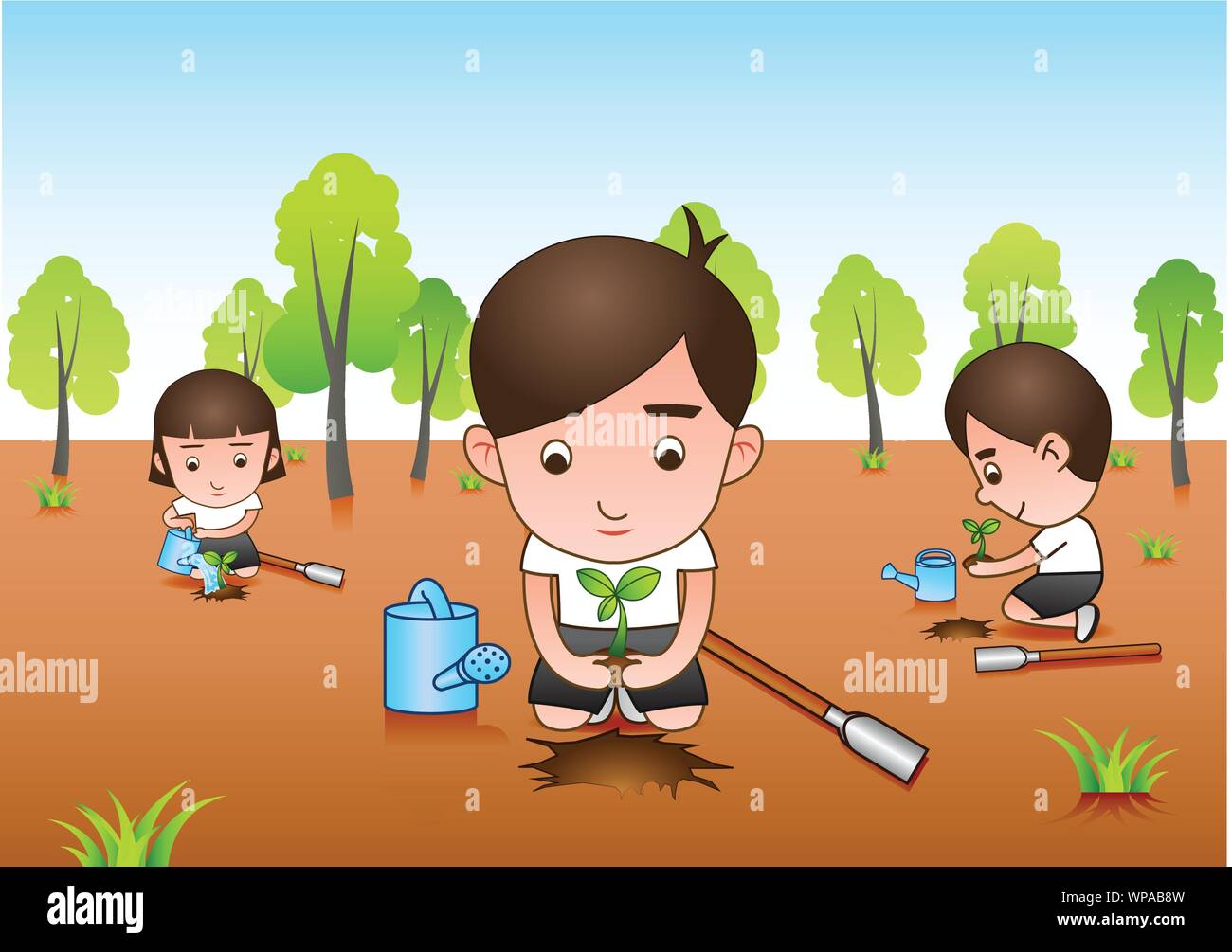 three white shirt volunteer planting tree for afforest.Vector ...