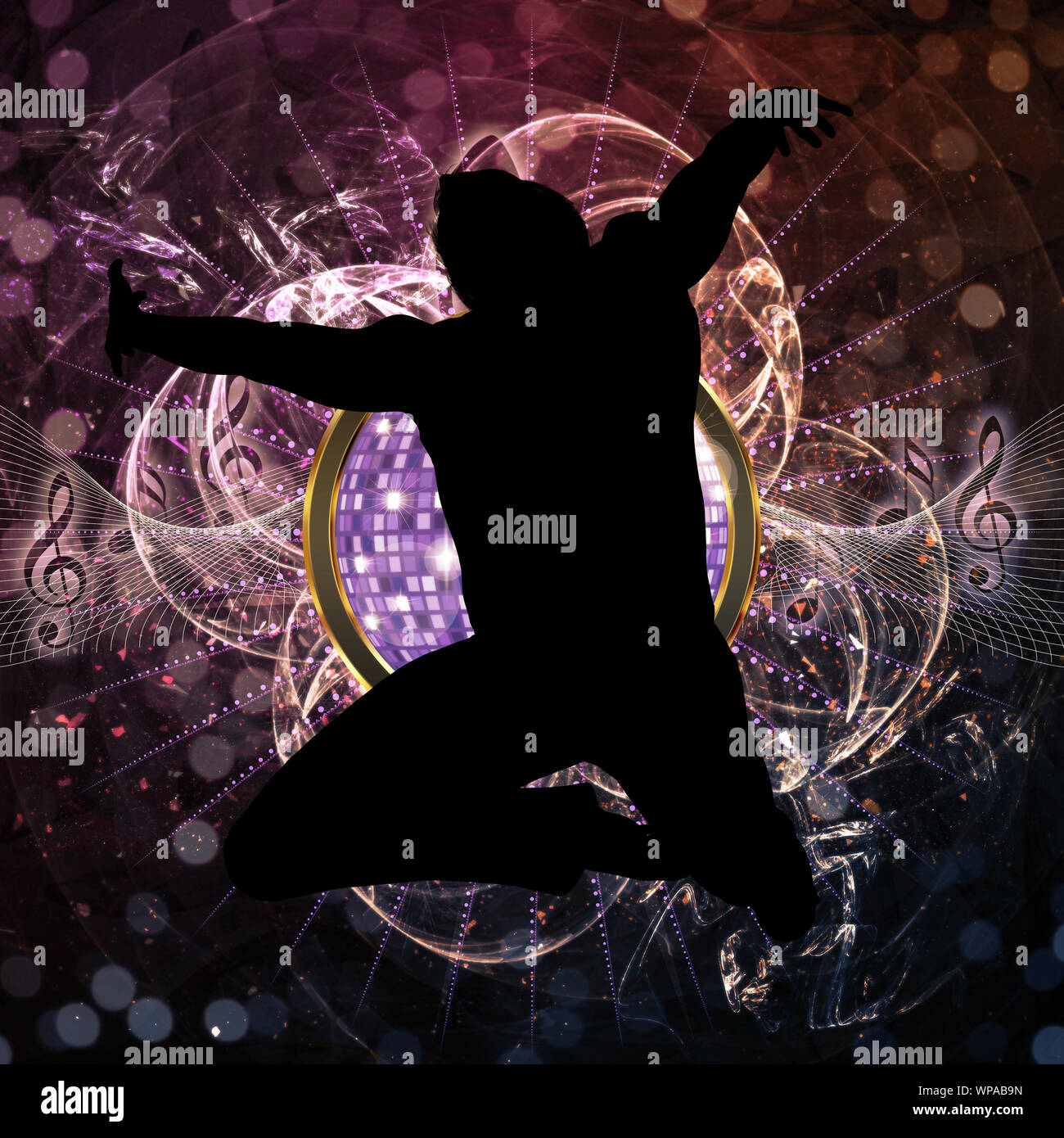 Disco background with disco ball and silhouette of male dancer jumping ...