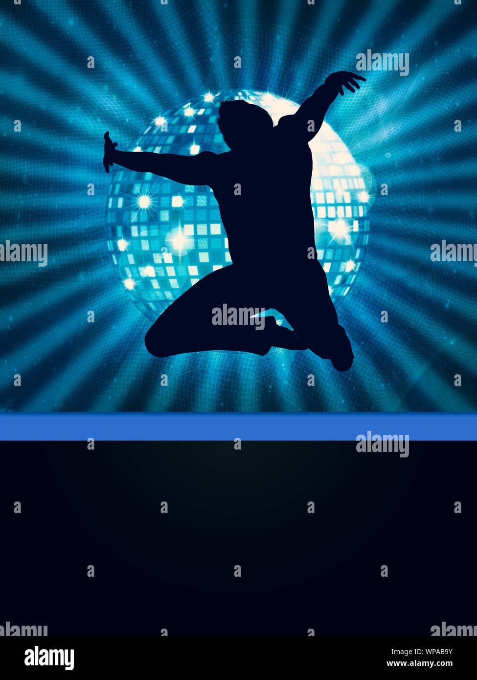 Disco background with 3d male dancer jumping Stock Photo - Alamy